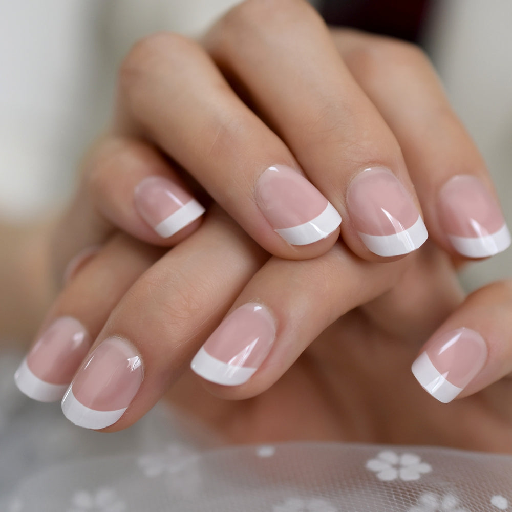 Nail Art Ideas Squoval White French Medium Glossy Press On Nails – Vanccy