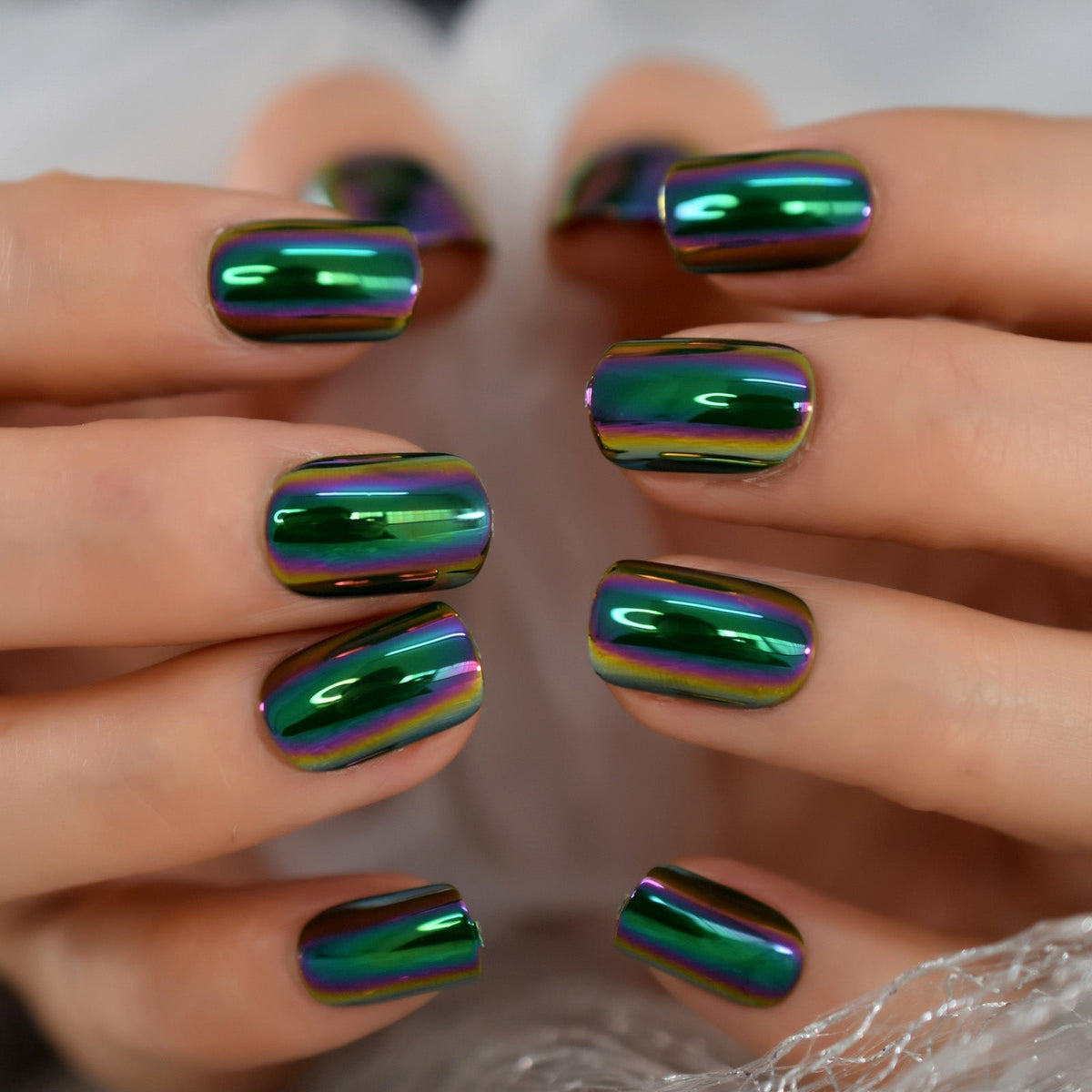 Nails Art Ideas Green Metallic Short Squoval wk26hot_press Press On ...